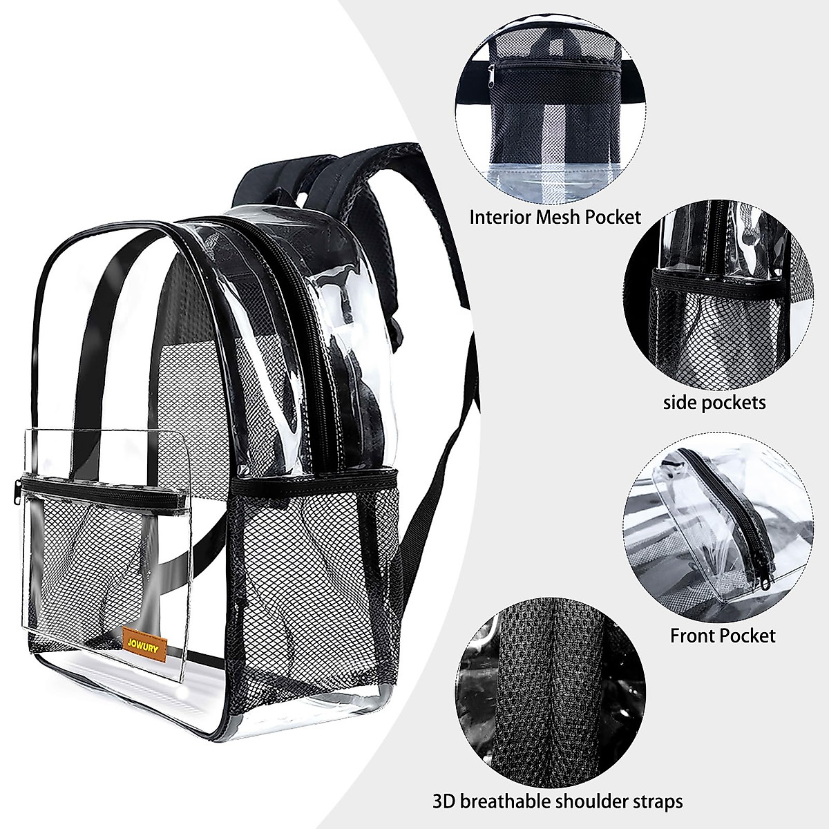 JOWURY Clear Backpack - Heavy Duty PVC Transparent Backpack, See Through Large Capacity School Backpack for Students, Concerts, Work, Safety, Travel (15", Suitable for Kids)