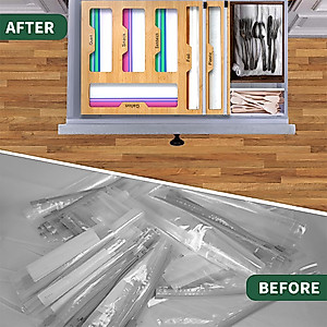 UMERUCCI Storage Bag Organizer Kitchen Drawer with Cutter for Foil and Plastic Wrap, Compatible with Gallon, Quart, Sandwich, Snack Bags, and 12" Aluminum Foil & Wax Paper