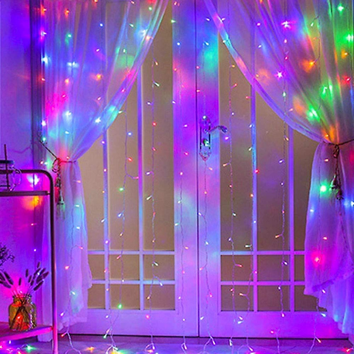 Solar Curtain String Lights Outdoor, AMZSTAR Waterproof 300LED Fairy Window String Lights Twinkle Solar Lights 8 Modes Wedding Party Home Garden Bedroom Outdoor Indoor Wall Decorations (Multicolor)