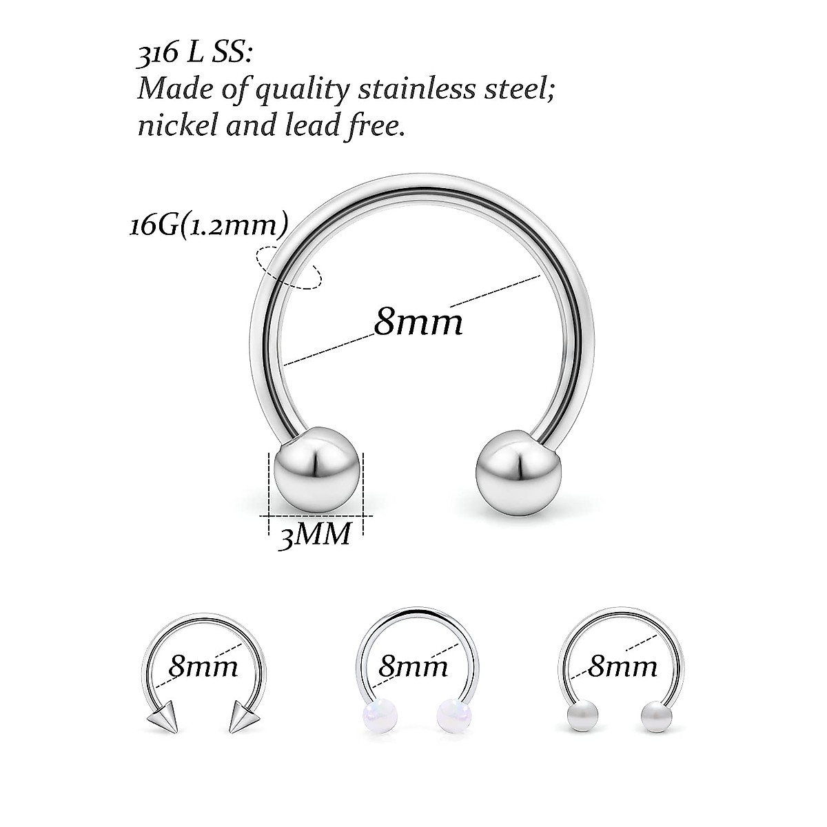 Vsnnsns 16G Surgical Steel Horseshoe Nose Septum Rings Piercing Jewelry Cartilage Helix Tragus Earring Studs Hoop Lip Horseshoe Ring Piercing Jewelry Retainer for Women Men 8mm 48pcs
