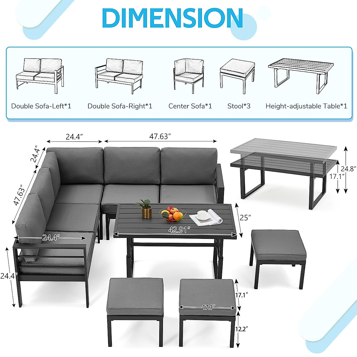 Danrelax All Weather Aluminum Frame Patio Conversation Set, 7 Pieces Outdoor Patio Furniture, Patio Furniture Set, Outdoor Patio Set for Lawn, Garden, Balcony, Poolside, Conversation Set(Black)