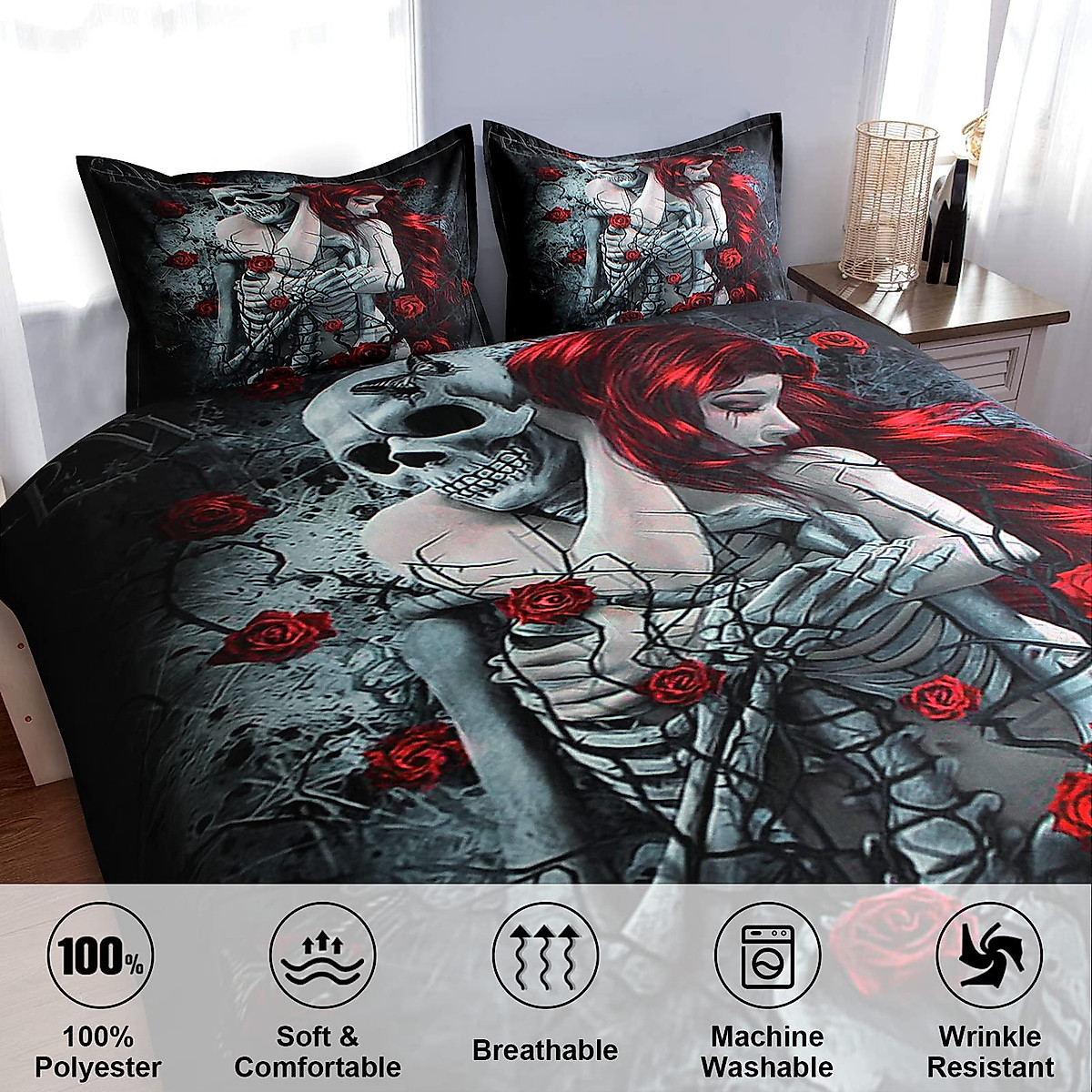 Duvet Cover Full Skull Bedding - 3 of Set Love Never Dies Duvet Cover with Zipper Closure, Super Soft, Fashion, ZHH