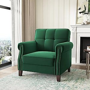 HONBAY Velvet Modern Accent Chair, Comfy Chair Armchair for Bedroom with Nailhead Arm Cozy Single Sofa Club Chair for Living Room Office, Green