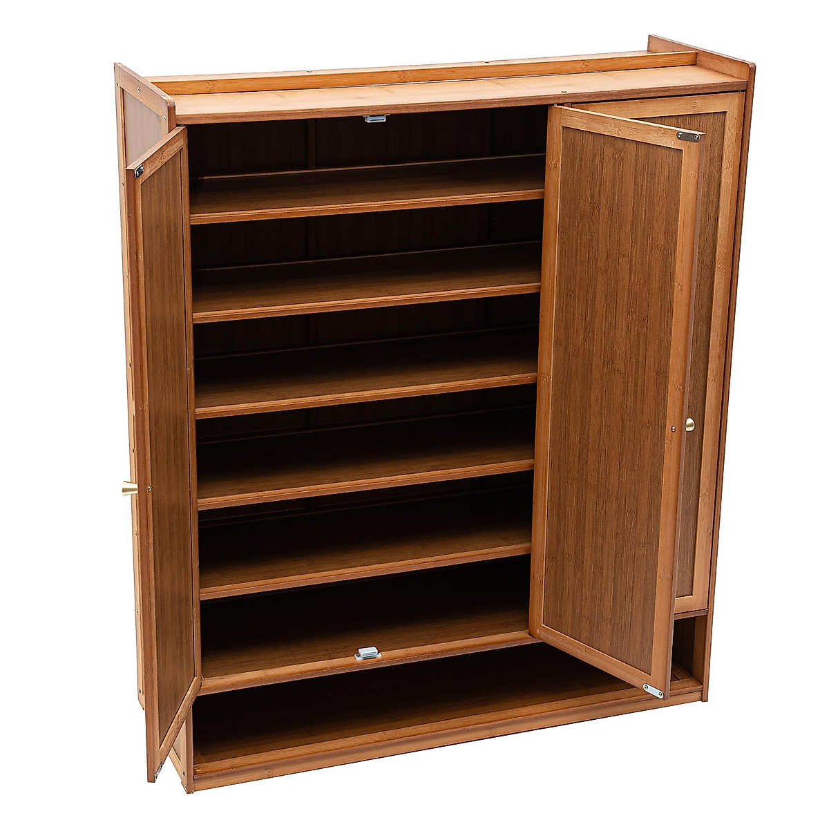 LOHISHILO 8 TiersShoe Storage Cabinet with Shutter Doors, 3-Door Bamboo Shoe Cabinet,Shoe Organizer, Large Capacity, Modern Sneaker Storage Rack for Hallway, Bedroom,Kitchen, Living Room, Brown