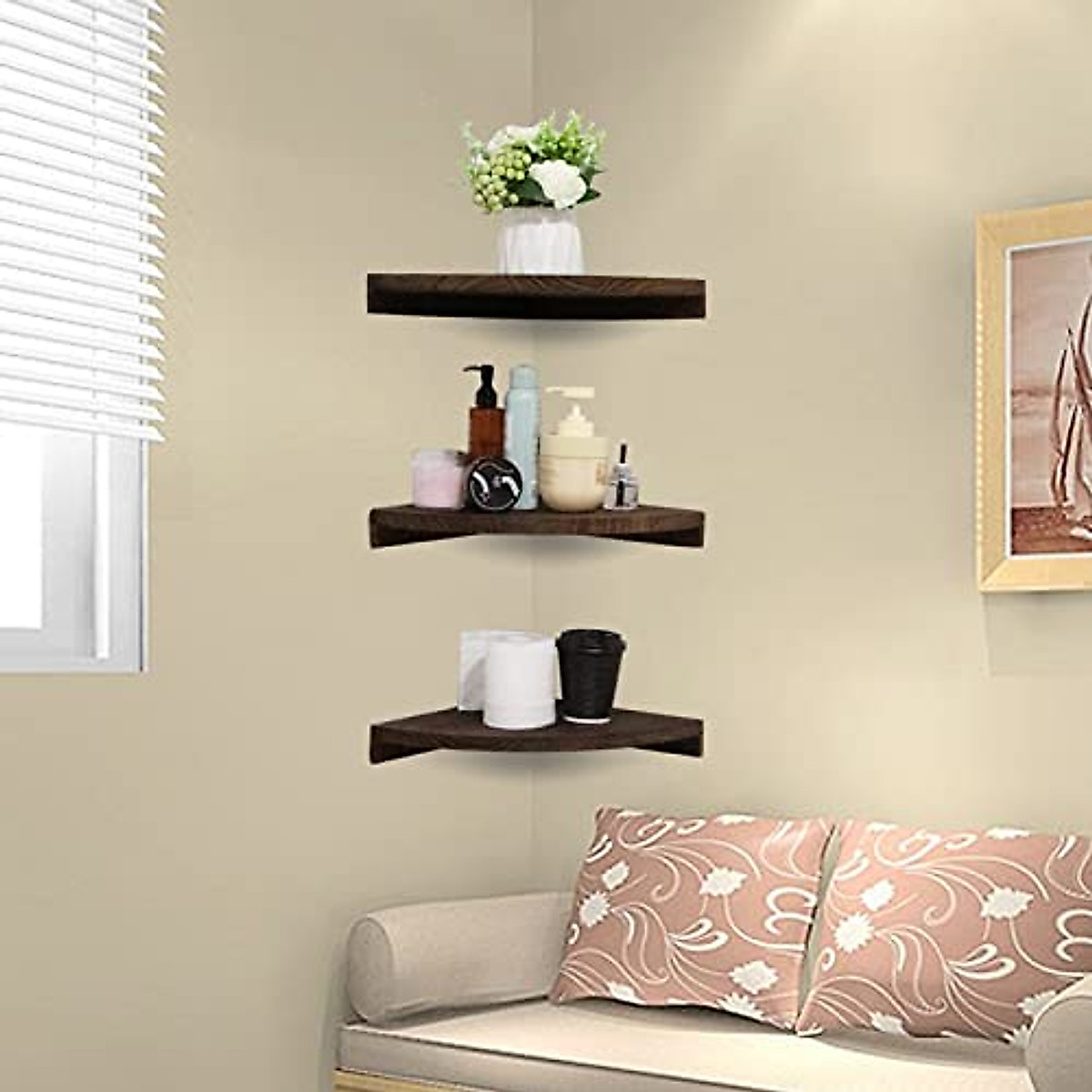 TNQNCFL Round Floating Corner Shelves,Solid Wood Corner Floating Shelves,Wall Mount Floating Corner Shelves,Hanging Corner Shelf for Wall Decor Bedroom Living Room Bathroom Kitchen Office