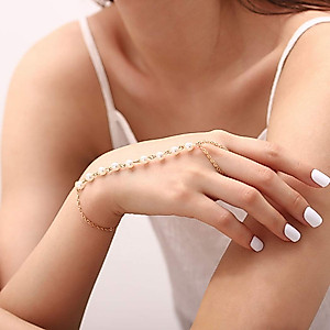 Chicque Boho Hand Chain Gold Pearl Finger Ring Bracelet Beads Hand Jewelry Wedding Finger Bracelet for Women and Girls