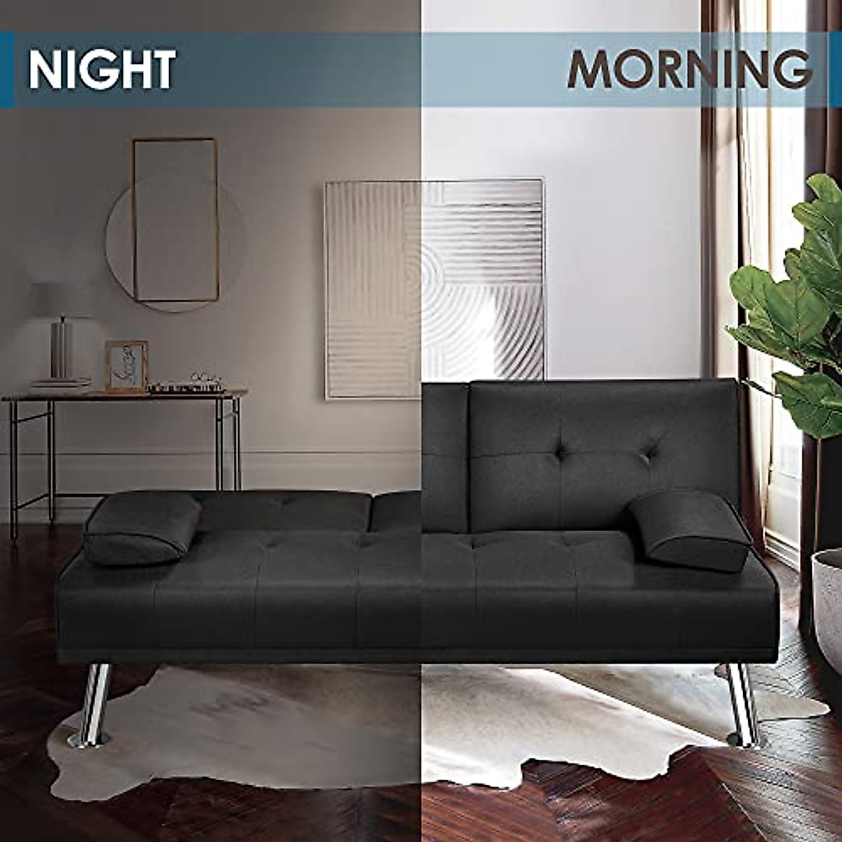 Yaheetech Linen Fabric Modern Sofa Bed Futon Couch Bed Folding Recliner Sleeper Reversible Loveseat Convertible Daybed, 2 Cup Holders, 3 Angles, 772lb Capacity, Removable Armrests, Black