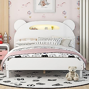 Merax Full Kids Bed Bear-Shaped Low Beds with Led Lights, Wood Platform Bed Frame for Boys, Girls,Easy Assemble (Full, White