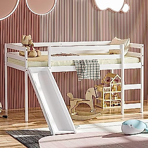 NAFORT Twin Loft Bed with Slide, Low Loft Bed with Stairs, Solid Wood Twin Loft Bed Frame for Girls Boys with Climbing Ladders Guard Rails and Slat Support - White