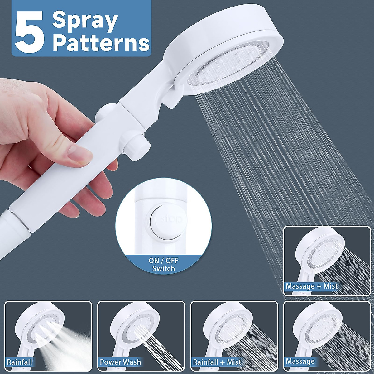 RV Shower Head with Hose, 5+1 Mode High Pressure Shower Head Replacement with On/Off Switch, Water Saving Motorhome Shower Head, Shower Head for RV/Campervan, Caravan