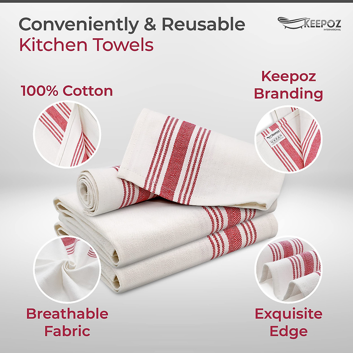 KEEPOZ Kitchen Towels, 16 x 25 Inches, 100% Ring Spun Cotton Dish Towels for Drying Dishes, Super Soft and Absorbent Tea Towels and Bar Towels Set Dish Cloths and Dish Rags for Drying (12 Pack, Red)