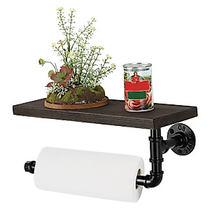 Industrial Wall Paper Towel Holder Wood & Pipe Floating Shelf Vintage Hand Roll Paper Towel Holders Stand Wall Mounted Toilet Paper Storage Rack for Bathroom, Kitchen, Washroom(Rustic Brown)