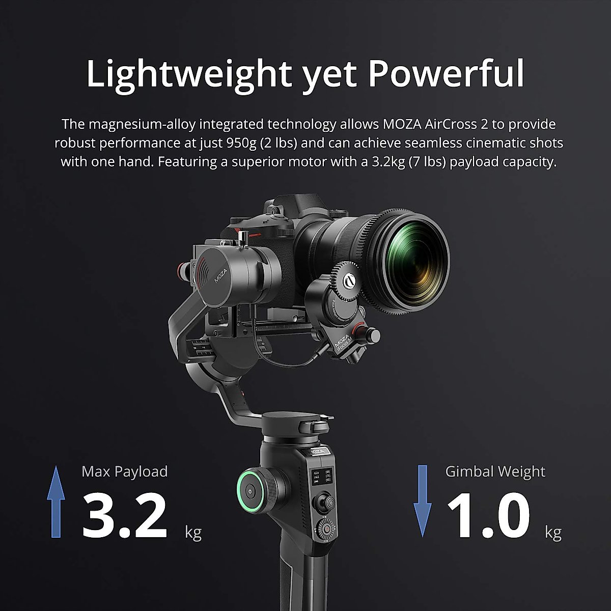 MOZA AirCross 2 Gimbal,3-Axis Professional Stabilizer for DSLR Camera Mirrorless Camera with Larger Lens,Easy Setup Intelligent Mimic Motion-Control,Max Payload 7.05Lb 12H Running Time