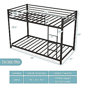 KOMFOTT Metal Low Bunk Bed Twin Over Twin, Heavy Duty Bunk Bed Frame with Ladder & Full-Length Guardrails, Metal Slatted Floor Bed Frame for Teens & Adults, No Box Spring Needed (Black)
