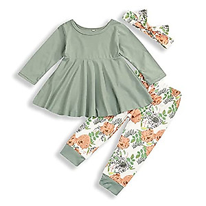 bilison Toddler Baby Girl Clothes Solid Color Ruffle Tops Floral Pants with Headband Outfit Set