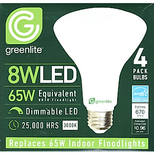 Greenlite LED BR30 Light Bulb, 65W = 8W, Dimmable, 670 Lumens, 3000K, Bright White - 4 Pack