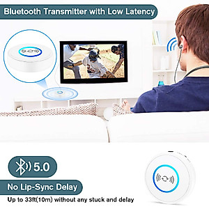 Friencity Bluetooth 5.0 Transmitter for TV Watching, apt-X Low Latency Wireless 3.5mm Aux Adapter for PC Home Stereo Radio Projector DVD Xbox PS4 RCA, Connect 2 pairs of headphones simultaneously