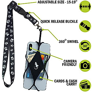 Gecko Travel Tech Lanyard Phone Holder Universal Phone Lanyards for Around The Neck with Silicone Pocket (CAT PAW Neck - Black Diamond)