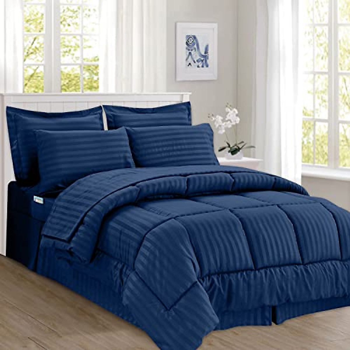 Elegant Comfort® Wrinkle Resistant - Silky Soft Dobby Stripe Bed-in-a-Bag 8-Piece Comforter Set -HypoAllergenic - King Navy Blue