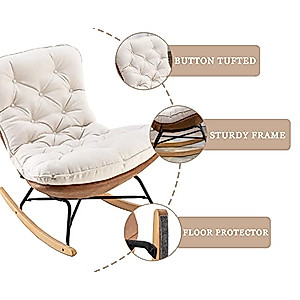 Kmax Rocking Chair Nursery Tufted Accent Glider Chair with Tufted Linen Fabric Cushion PU Leather Base for Baby Nursery Bedroom Living Room, Cream