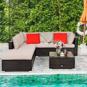 COSTWAY 6PCS Outdoor Patio Rattan Furniture Set Cushioned Sectional Sofa Beige