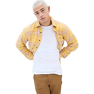 GAP mens Untucked Flannel Button Down Shirt, Yellow Beige Plaid, Large US