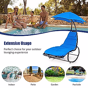 Tangkula Hanging Chaise Lounge Chair, Rocking Hammock Swing Chair with Cushion, Built-in Pillow, Removable Canopy, Outdoor Hanging Curved Chaise Lounger for Poolside, Backyard, Garden (Blue)