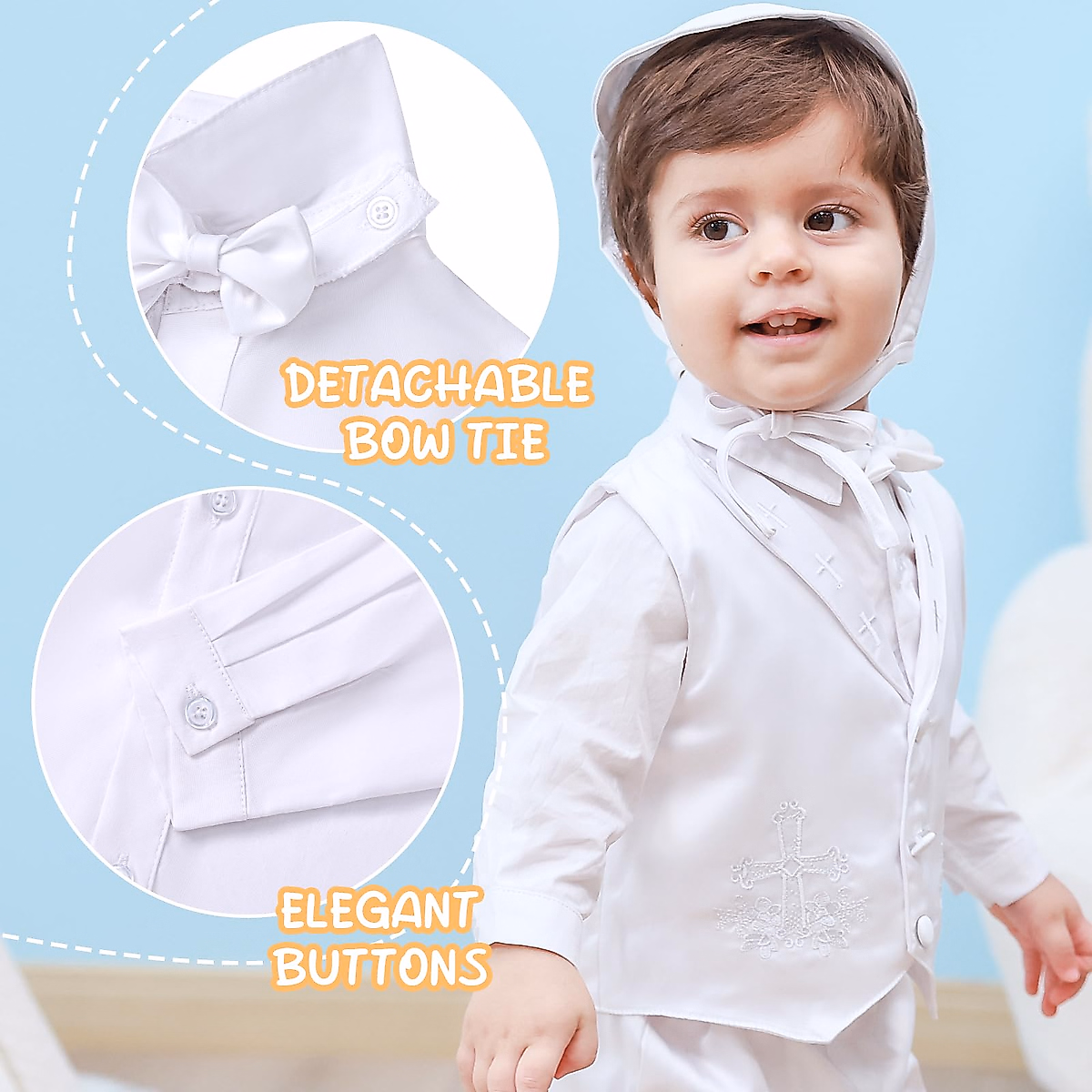 Booulfi Baptism Christening Outfits for Boys, Baby Boy Christening Church Outfit Baptism Gifts 6 Pieces Baby Boy Clothes 0-3 Months Formal Gentelman Baby Suit