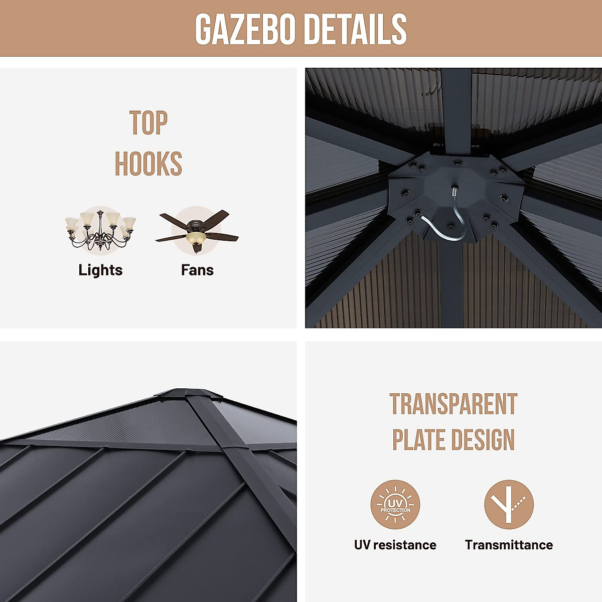 ABCCANOPY Wood Gazebo 11x11 - Outdoor Patio Wooden Gazebo with Hardtop Metal Roof for Garden, Backyard and Deck (Single Roof)