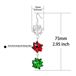 Christmas Bows Flower Piercing Dangle Earrings Red Green White Silver Plated Women Holiday
