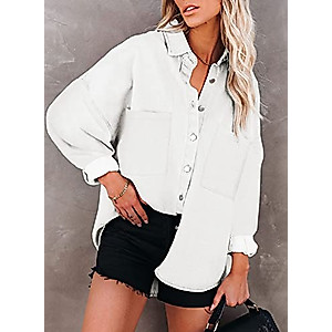 Dokotoo Shacket Jacket Women V Neck Roll Up Long Sleeve Pocket Denim Jean Jacket Shirts Shacket Casual Solid Boyfriend Button Down Blouses with Bust Pockets White L