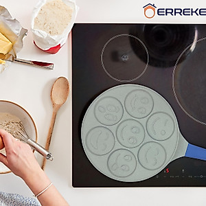 Erreke Nonstick Pancake Pan, 7 Smiley Face Pancake Griddle, Soft Touch Handle Fun Breakfast for Kids, 10.2 in Crepe Pan for Gas Stoves (Blue Color)
