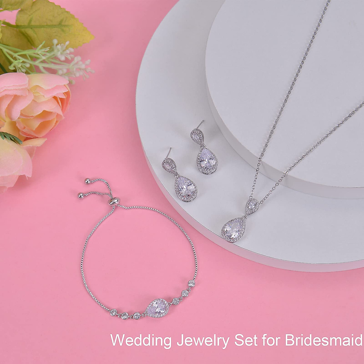 DHQH 4PCS Wedding Jewelry for Bridesmaid Cubic Zirconia Teardrop Necklace Earrings Bracelet Ring Set Bridesmaid Jewelry Set for Women Party Jewelry Gift