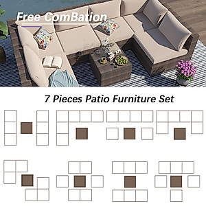 Naga Bahna Patio Furniture Set 7 Pieces Outdoor Sectional Conversation Set, Outdoor PE Wicker Rattan Sofa Set Patio Couches w Anti-Slip Beige Cushions, 2 Pillows for Patio(Brown)