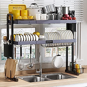 BOOSINY Over The Sink Dish Drying Rack, 2 Tier Stainless Steel Large Adjustable Kitchen Dish Drainer, Home Storage Organizer Shelf Above Counter with 6 Hooks