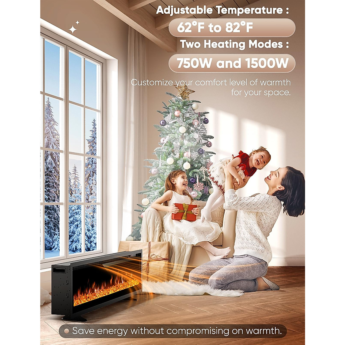 50" Electric Fireplace Inserts and Wall Mounts with Remote Controls 12 Realistic 3D Flame Colors, 750/1500 W Heater, Adjustable Temperature 62F to 82F, Low Noise, 8 Hour Timer, Log and Crystals