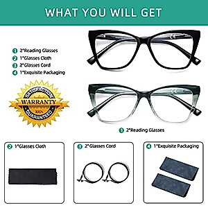 Oversized Reading Glasses Women Cat Eye Photochromic Computer Reader Stylish Ladies Designer Fashion Big Unbreakable Eyewear 2Pack Black & Dark Green +2.25x