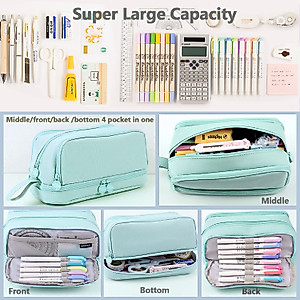 Large Capacity Pencil Case 4 Compartments, Pencil Case with Zipper Portable Handle, Aesthetic Pencil Case Stationery Organizer for Office College School Teen Girl Boy Men Women (Light Green)