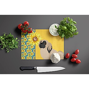 Caroline's Treasures WDK5453LCB Summer Sunflowers Cream Pekingese Glass Cutting Board Large Decorative Tempered Glass Kitchen Cutting and Serving Board Large Size Chopping Board