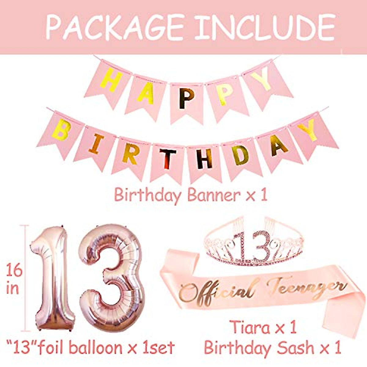 13th Birthday Decorations for Girls Rose Gold Sash Tiara Crown Cake Topper Banner Balloons for 13 Years Old Birthday Party Supplies