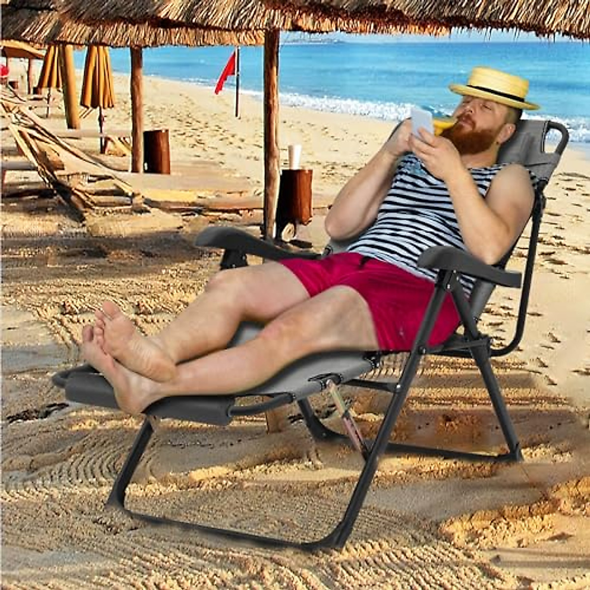 MoNiBloom Lounge Chair Adjustable Patio Chair Steel Frame Outdoor Furniture Recliner Folding Lounge Camping Chair with Headrest for Pool Side Yard Beach, 330lbs Capacity