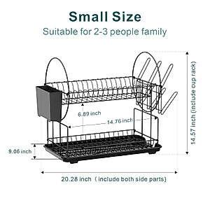 GSlife Dish Drying Rack, Rust-Resistant Small 2 Tier Dish Rack with Drainboard Set, Dish Drainer with Utensil Holder & Cup Holder for Kitchen Counter, Black