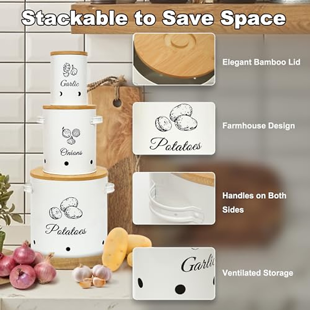 Holismo Potato Storage For Pantry, 3 Containers Kitchen Counter Organizer Countertop Onion and Potato Storage bin with Garlic Holder, Kitchen Canisters Vegetable Keeper with bamboo lid