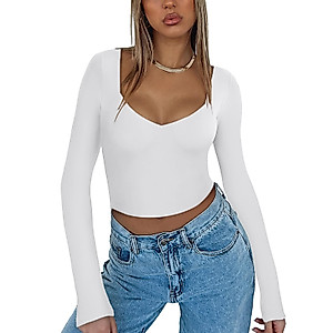 REORIA Women's Sexy Trendy V Neck Long Sleeve Slim Fitted Tshirts Fall Going Out Party Causal Basic Y2k Crop Tops White Medium
