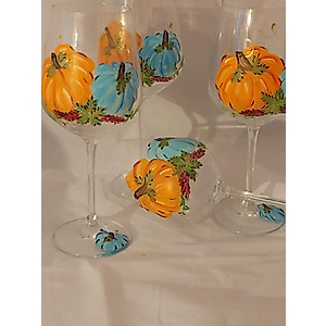 Hand painted autumn pumpkins goblets. set of 4 20 ounce white wine gobblets. usa