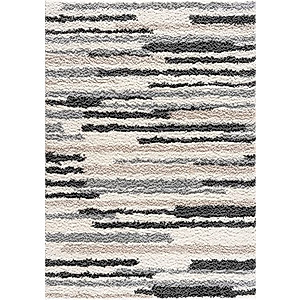 Lux Shag Collection - Moroccan Farmhouse Living Room Bedroom Shaggy Area Rug - Bohemian Shag Rug - Plush High Pile - Southwestern Boho Soft Carpet - Tribal Aztec - Grey, Off White, Beige - 5'3" x 7'3"