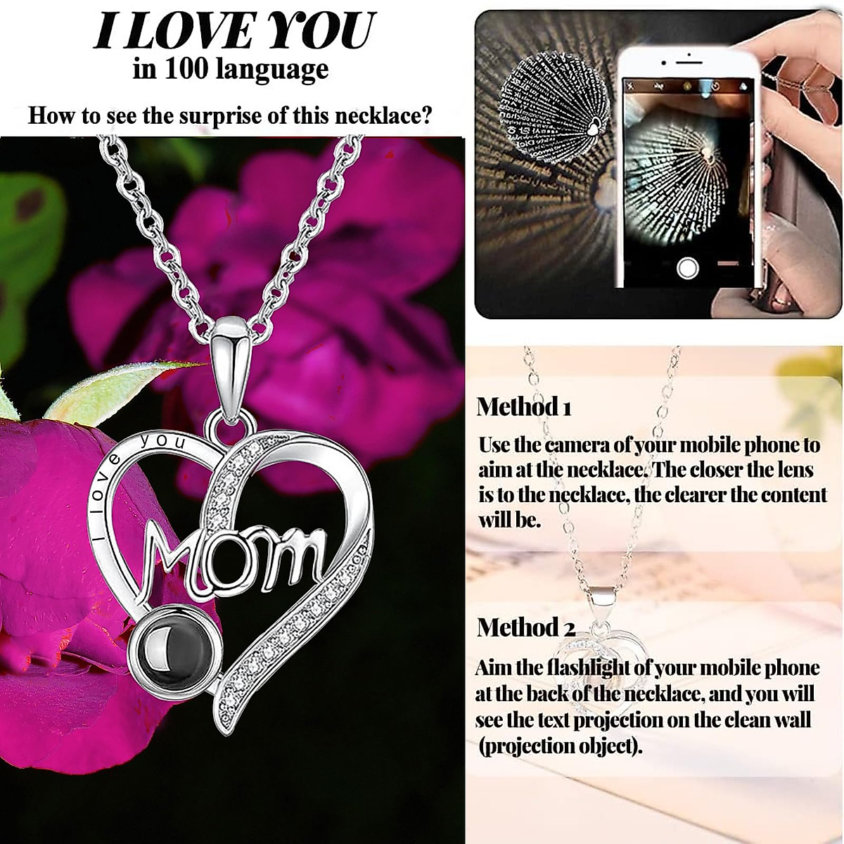 Preserved Real Purple Rose Gifts for Mom with I Love You Necklace 100 languages - Gifts Idea on Mother's Day, Valentine's Day, Birthday, Anniversary, Thanksgiving, Christmas from Daughter or Son