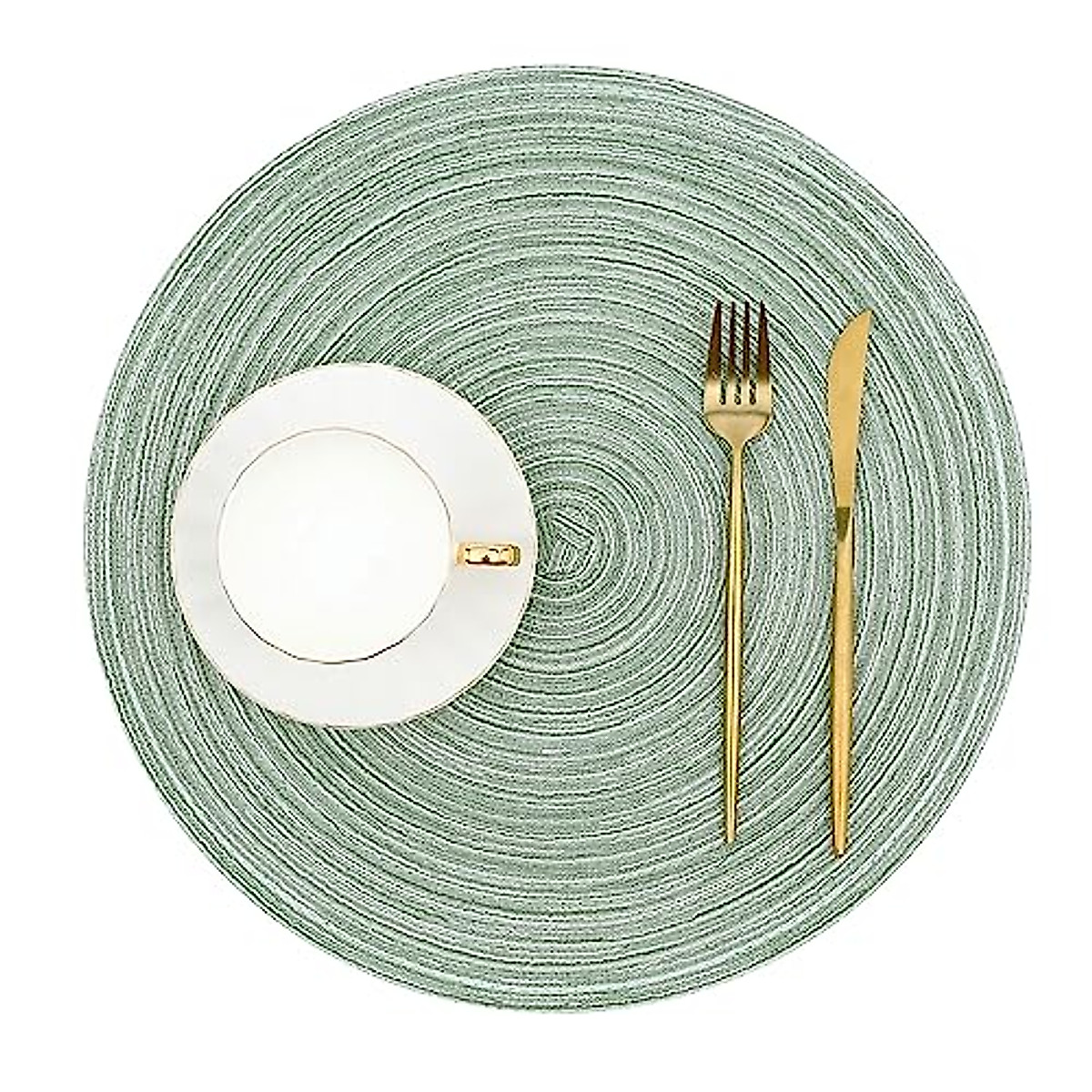 SHACOS Round Braided Placemats Set of 6 Two Tone Bicolor Woven Table Mats 15 inch Washable Dining Table Place Mats for Home Wedding Party, Sage Green White