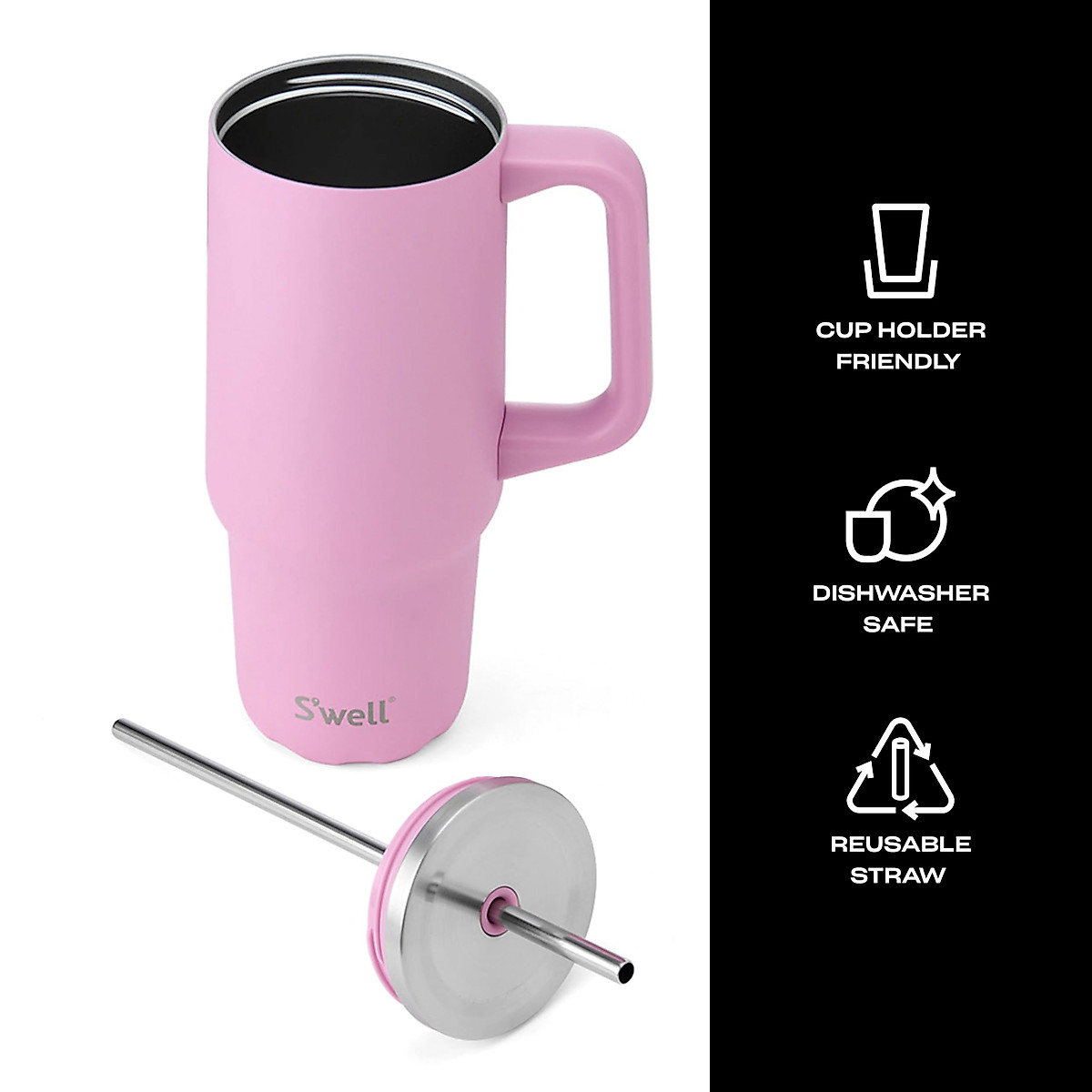 S'well Recycled Stainless Steel Tumbler XL with Straw and Handle, 30oz, Hydrangea Pink, Triple Layered Vacuum Insulated Containers Keeps Drinks Cold for 36 hours and Hot for 9