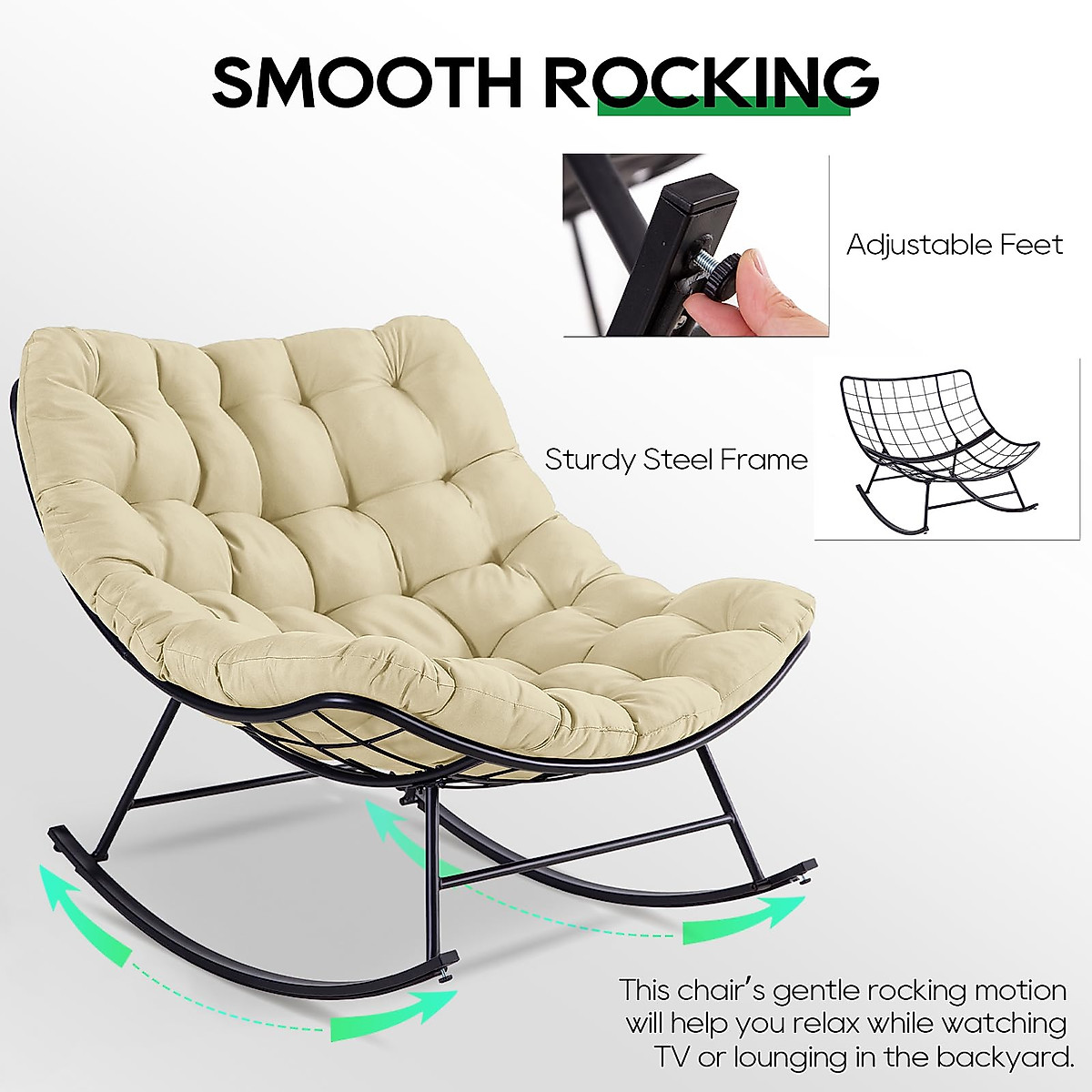 PORWEY Patio Rocking Papasan Chair, Outdoor & Indoor Egg Reading Chair, Oversized Royal Comfy Cozy Lounge Rocker Recliner with Large Cushion, Steel Frame and Ottoman for Bedroom, Living Room,Beige